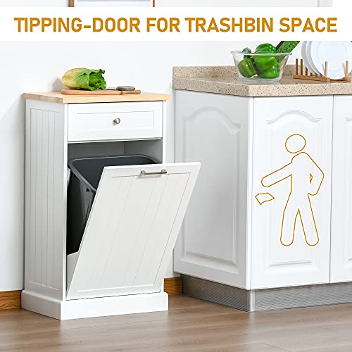 HOMCOM Kitchen Tilt Out Trash Bin Cabinet Free Standing Recycling Cabinet Trash Can Holder with Drawer, White Oak