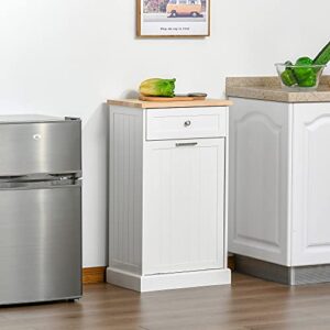 HOMCOM Kitchen Tilt Out Trash Bin Cabinet Free Standing Recycling Cabinet Trash Can Holder with Drawer, White Oak