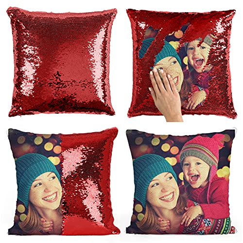 IWKWUZILM Custom Sequin Pillows with Picture Personalized Mermaid Sequin Pillow Custom Pillow Magic Sequin Pillow Personalized Gifts for mom for her (Red)