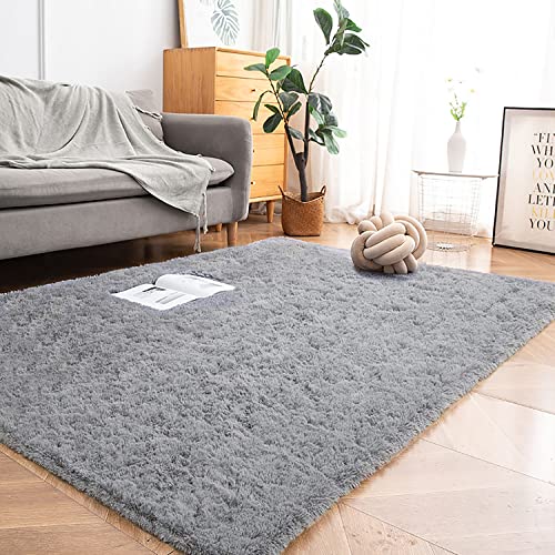 GOKISNE Area Rug for Bedroom, Fluffy Living Room Area Rug, Fluffy Carpet 4' x 5' for Kids Room, Shaggy Plush Rug for Nursery Room, Grey