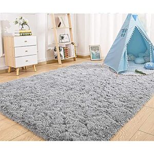 GOKISNE Area Rug for Bedroom, Fluffy Living Room Area Rug, Fluffy Carpet 4' x 5' for Kids Room, Shaggy Plush Rug for Nursery Room, Grey