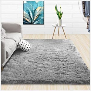 GOKISNE Area Rug for Bedroom, Fluffy Living Room Area Rug, Fluffy Carpet 4' x 5' for Kids Room, Shaggy Plush Rug for Nursery Room, Grey