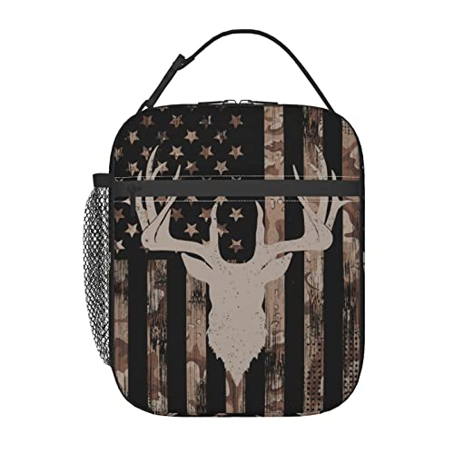 Camo Hunting Lunch Box Insulated Reusable Deer American Flag Lunch Bag Cooler Bag For Women Men Work Picnic Hiking