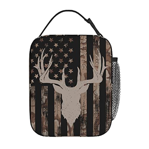 Camo Hunting Lunch Box Insulated Reusable Deer American Flag Lunch Bag Cooler Bag For Women Men Work Picnic Hiking