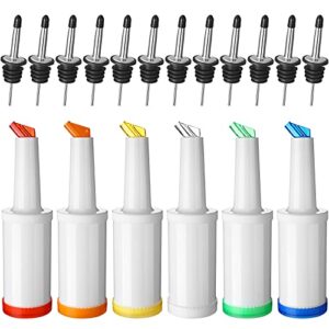 fruit juice and liquor pour bottles bar supplies pour bottles plastic juice pour bottles with stainless steel bottle pourer tapered spout for liquor juice store 34 oz (multi colors,6 pack)