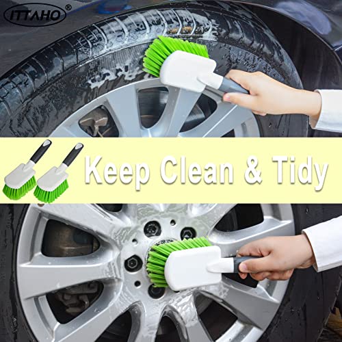 ITTAHO 2 Pack Wheel Brush, Include Two Type of Bristles-Soft Gentle & Stiff Bristles,Car Interior Detailing Cleaning Brush, Carpet and Upholstery Tire Cleaner for Seat Boat Truck SUV Moto Vehicle