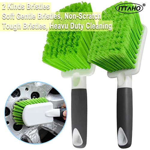 ITTAHO 2 Pack Wheel Brush, Include Two Type of Bristles-Soft Gentle & Stiff Bristles,Car Interior Detailing Cleaning Brush, Carpet and Upholstery Tire Cleaner for Seat Boat Truck SUV Moto Vehicle