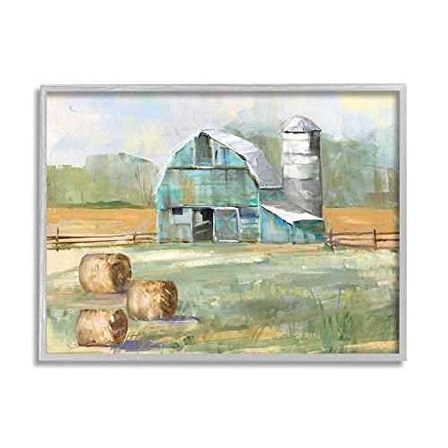 Stupell Industries Contemporary Blue Farm Barn Hay Bails Empty Field, Designed by Sally Swatland Gray Framed Wall Art, 14 x 11, Green