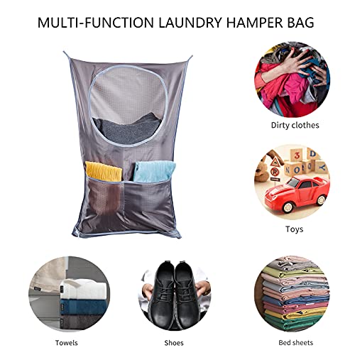 Hanging Laundry Hamper Bag Space Saving Wall with Stainless Steel Hooks Dirty Clothes Bag Large Storage Folding Basket Hanging Zippered Laundry Basket for College, Closet, Behind Doors