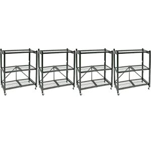 origami r3 general purpose foldable 3-tiered shelf storage rack with wheels for home, garage, or office, pewter (4 pack)