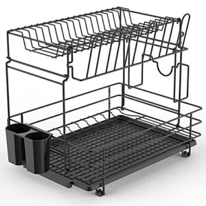 dish drying rack, auledio dish organizer 2 tier dish drain with utensil holder, cutting board holder, cup holder, dish racks for kitchen counter