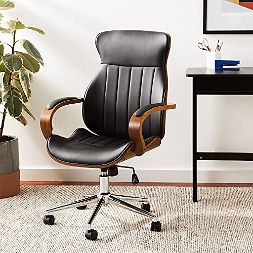 IDS Online Contemporary Walnut Wood Executive Swivel Ergonomic with Arms for Home Office Furniture Bentwood Mid Back Desk Chair, Black 25D x 20W x 42H in