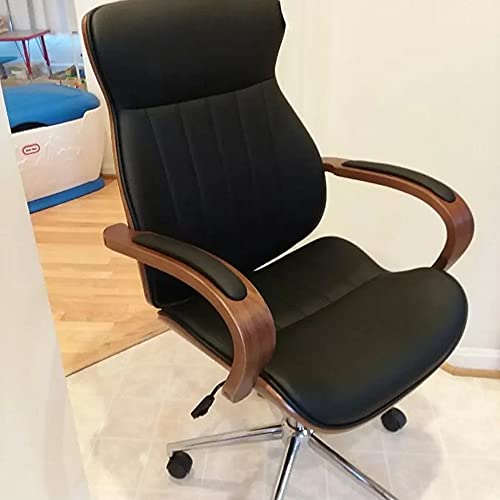 IDS Online Contemporary Walnut Wood Executive Swivel Ergonomic with Arms for Home Office Furniture Bentwood Mid Back Desk Chair, Black 25D x 20W x 42H in