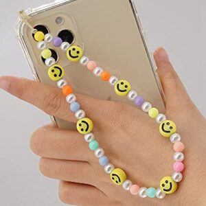 sysuii beaded mobile phone lanyard wrist strap, colorful smile beads chain phone charm phone anti-lost chain cellphone strap hanging cord for women girl summer trend smiley cute jewelry