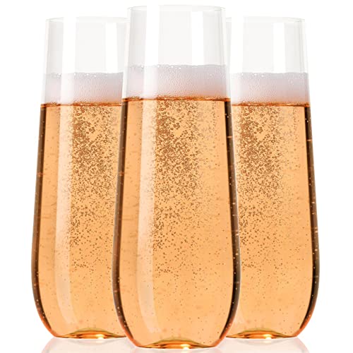 30 Plastic Stemless Champagne Flutes - Disposable Unbreakable toasting glasses, 30 pack | Clear Fancy Shatterproof & Reusable 9 Oz Champagne glass, BPA free - Ideal for Weddings, Birthdays, Parties