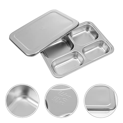 Cabilock Stainless Steel Divided Plate with Lid Rectangular 4 Compartment Serving Tray Platter Dinner Snack Dish for Kids Lunches Portion Control Camping