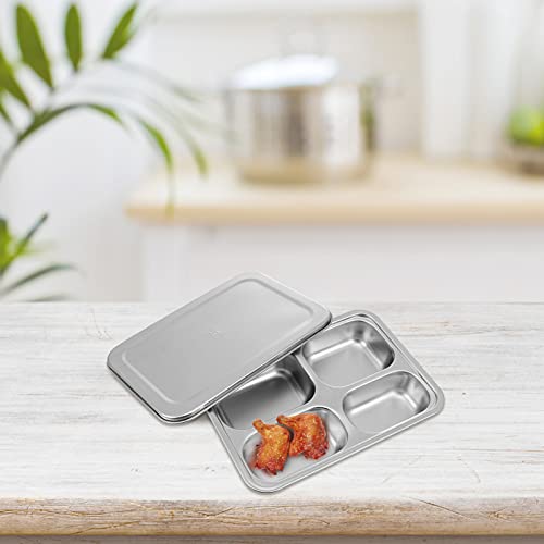 Cabilock Stainless Steel Divided Plate with Lid Rectangular 4 Compartment Serving Tray Platter Dinner Snack Dish for Kids Lunches Portion Control Camping