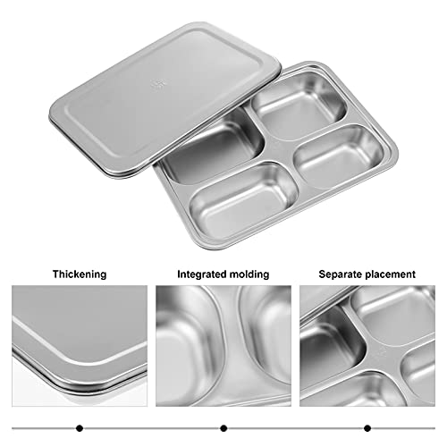 Cabilock Stainless Steel Divided Plate with Lid Rectangular 4 Compartment Serving Tray Platter Dinner Snack Dish for Kids Lunches Portion Control Camping