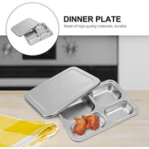 Cabilock Stainless Steel Divided Plate with Lid Rectangular 4 Compartment Serving Tray Platter Dinner Snack Dish for Kids Lunches Portion Control Camping