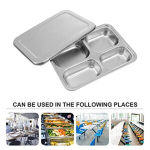 Cabilock Stainless Steel Divided Plate with Lid Rectangular 4 Compartment Serving Tray Platter Dinner Snack Dish for Kids Lunches Portion Control Camping