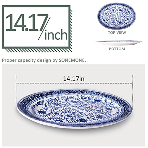 Sonemone Blue Marrakesh Tile Floral Serving Platter, 14 Inch Oval Serving Platter, Ceramic Party Serving Dishes for Entertaining, Turkey, Pizza, Microwave & Dishwasher Safe