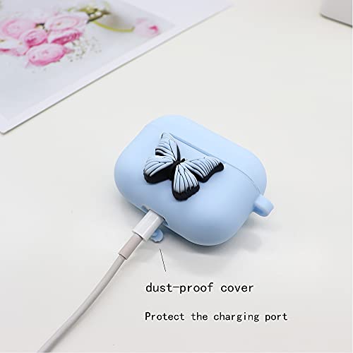 Jeriwell for Airpod Pro Case Cover Cute 3D Butterfly with Keychain Waterproof Liquid Silicone Compatible with Airpods Pro Charging Case for Women Girl (Light Blue)