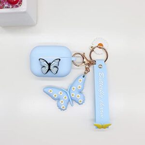 Jeriwell for Airpod Pro Case Cover Cute 3D Butterfly with Keychain Waterproof Liquid Silicone Compatible with Airpods Pro Charging Case for Women Girl (Light Blue)