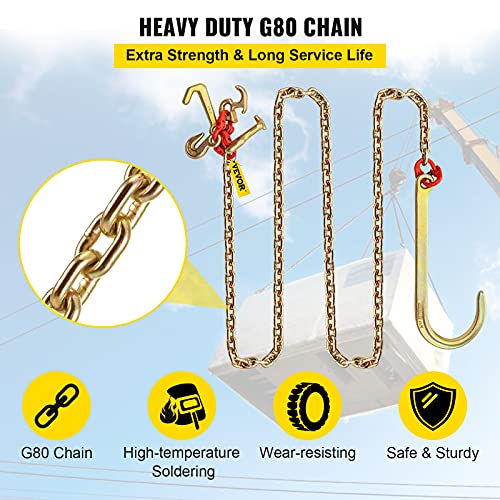 VEVOR J Hook Chain, 5/16 in x 10 ft Bridle Tow Chain, G80 Bridle Transport Chain, Alloy Steel Chain with 2 G70 J Hooks, 9260 Lbs Break Strength Tow Hooks for Trucks, J Hooks Towing Straps 2PCS