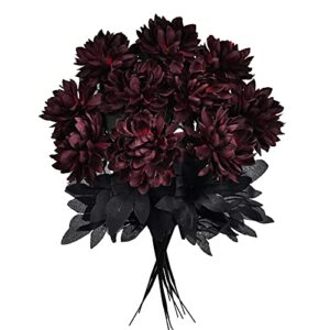 Artflower 10 Pack Artificial Silk Dahlia Bouquet Fake Flower Floral Arrangements Wedding Bridal Bouquet for Halloween Harvest Festival Table Centerpieces Home Decor, Wine Red, 16”