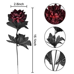 Artflower 10 Pack Artificial Silk Dahlia Bouquet Fake Flower Floral Arrangements Wedding Bridal Bouquet for Halloween Harvest Festival Table Centerpieces Home Decor, Wine Red, 16”