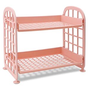 qumeney desktop rack cosmetic stationery storage holder, 2-tier multifunctional plastic shelf makeup organizer for skincare office kitchen bedroom bathroom home (pink)