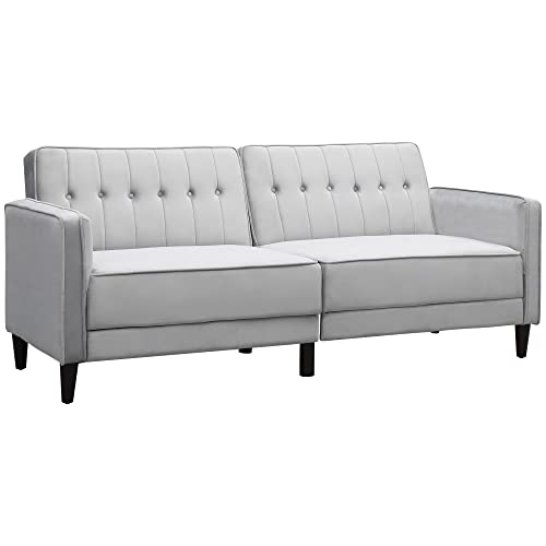 HOMCOM Convertible Sleeper Sofa, Futon Sofa Bed with Split Back Design Recline, Thick Padded Velvet-Touch Cushion Seating and Wood Legs, Light Grey