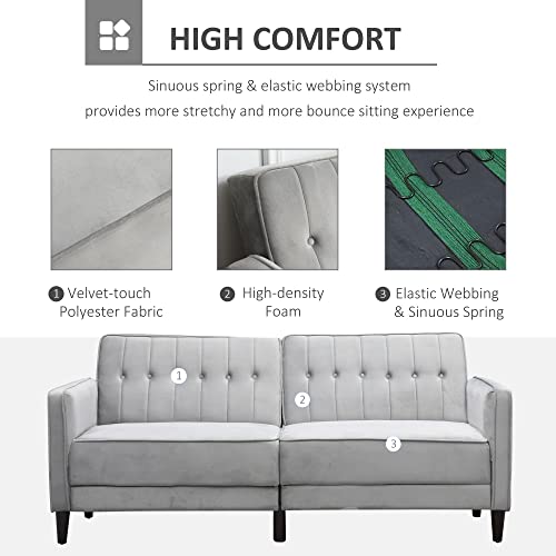 HOMCOM Convertible Sleeper Sofa, Futon Sofa Bed with Split Back Design Recline, Thick Padded Velvet-Touch Cushion Seating and Wood Legs, Light Grey