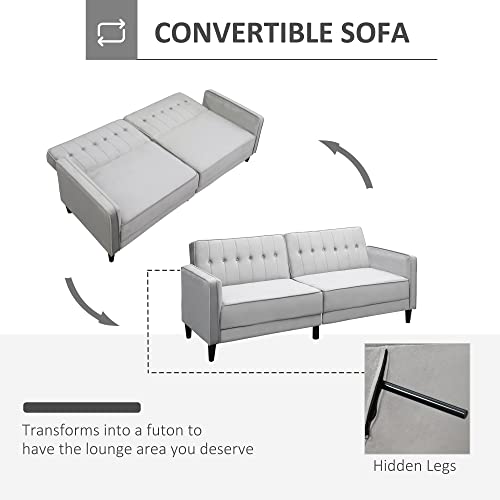 HOMCOM Convertible Sleeper Sofa, Futon Sofa Bed with Split Back Design Recline, Thick Padded Velvet-Touch Cushion Seating and Wood Legs, Light Grey