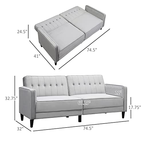 HOMCOM Convertible Sleeper Sofa, Futon Sofa Bed with Split Back Design Recline, Thick Padded Velvet-Touch Cushion Seating and Wood Legs, Light Grey