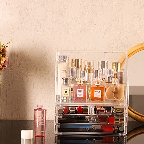 Clear Large Acrylic Makeup Storage Organizer Drawers for Vanity,Cosmetics Display Cases With lid,Dustproof Waterproof for Bathroom Counter Dresser Lotions Skin Care Beauty Skincare Product Organizing