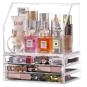 Clear Large Acrylic Makeup Storage Organizer Drawers for Vanity,Cosmetics Display Cases With lid,Dustproof Waterproof for Bathroom Counter Dresser Lotions Skin Care Beauty Skincare Product Organizing