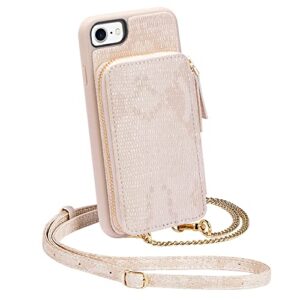 iphone se 2022 wallet case, iphone 8 crossbody case, zvedeng zipper wallet card holder crossbody strap case shockproof leather purse case for iphone se 3rd gen (2022) 2020/8/7 4.7'' lizard skin beige