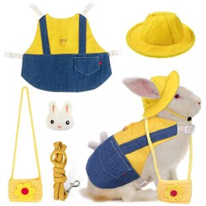 pet rabbit dresses, 5 pcs denim small animal harness vest and leash set, guinea pig clothes with mini hat bag, towing rope accessory set for bunny rabbits hamsters mini cats dogs and small animals, m