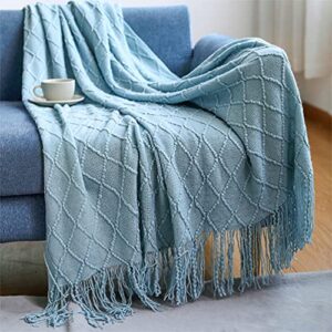 fennco styles rhombus diamond knit modern fringe throw 50" w x 60" l - aqua geometric throw blanket for sofa, couch, living room, bedroom décor