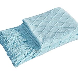 Fennco Styles Rhombus Diamond Knit Modern Fringe Throw 50" W x 60" L - Aqua Geometric Throw Blanket for Sofa, Couch, Living Room, Bedroom Décor