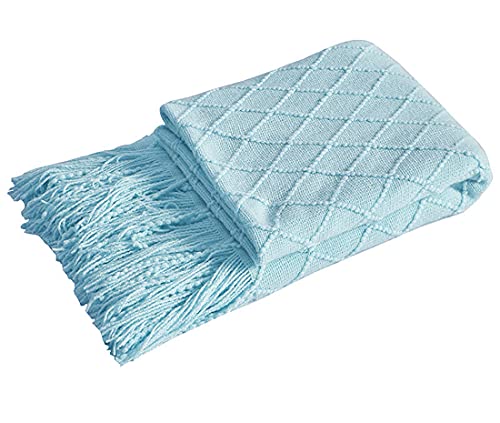 Fennco Styles Rhombus Diamond Knit Modern Fringe Throw 50" W x 60" L - Aqua Geometric Throw Blanket for Sofa, Couch, Living Room, Bedroom Décor