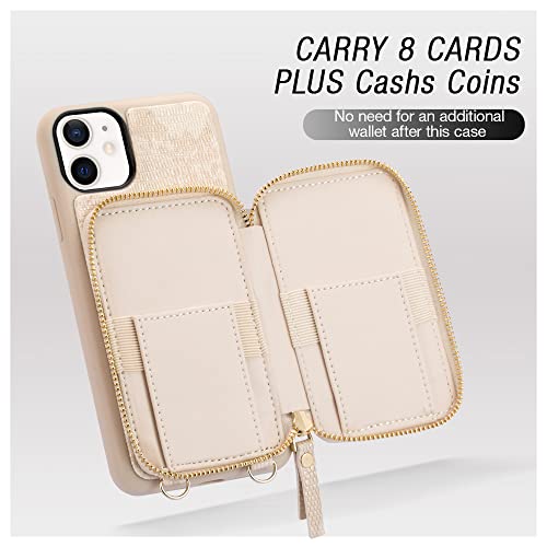 iPhone 11 Wallet Case, iPhone 11 Crossbody Case, ZVEdeng Card Holder Crossbody Wallet Zipper Case for Women Wrist Strap Shockproof Leather Case for Apple iPhone 11 6.1'' Lizard Skin Apricot