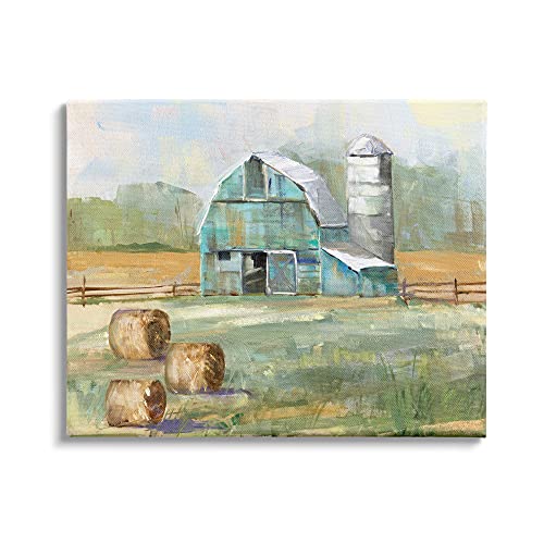 Stupell Industries Contemporary Blue Farm Barn Hay Bails Empty Field, Designed by Sally Swatland Canvas Wall Art, 30 x 24, Green