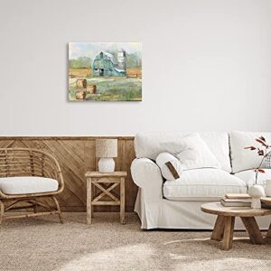 Stupell Industries Contemporary Blue Farm Barn Hay Bails Empty Field, Designed by Sally Swatland Canvas Wall Art, 30 x 24, Green