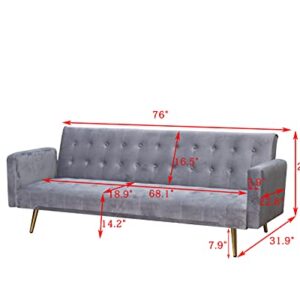 Kingway SF-6005 Convertible Futon, Velvet Couch Sofabed, L76,W37.8,H22.8, Gray Sleeper