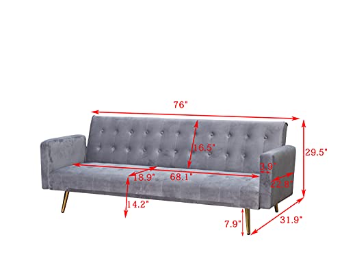 Kingway SF-6005 Convertible Futon, Velvet Couch Sofabed, L76,W37.8,H22.8, Gray Sleeper