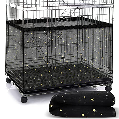 Large Bird Cage Cover Birdcage Nylon Mesh Net Cover Seed Feather Catcher Twinkle Star Universal Birdcage Cover Bird Seed Guard Skirt for Parakeet Macaw African Round Square Cage (Black, XL)