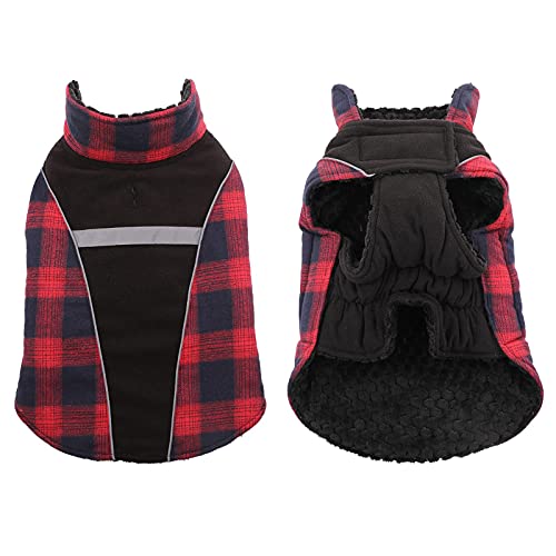 SAWMONG Dog Coat, British Style Plaid Dog Jacket with Reflective Strap, Windproof Waterproof Reversible Dog Winter Coat, Fleece Dog Vest with Furry Collar, Pet Apparel Cloth for Small Medium Large Dog