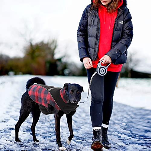 SAWMONG Dog Coat, British Style Plaid Dog Jacket with Reflective Strap, Windproof Waterproof Reversible Dog Winter Coat, Fleece Dog Vest with Furry Collar, Pet Apparel Cloth for Small Medium Large Dog